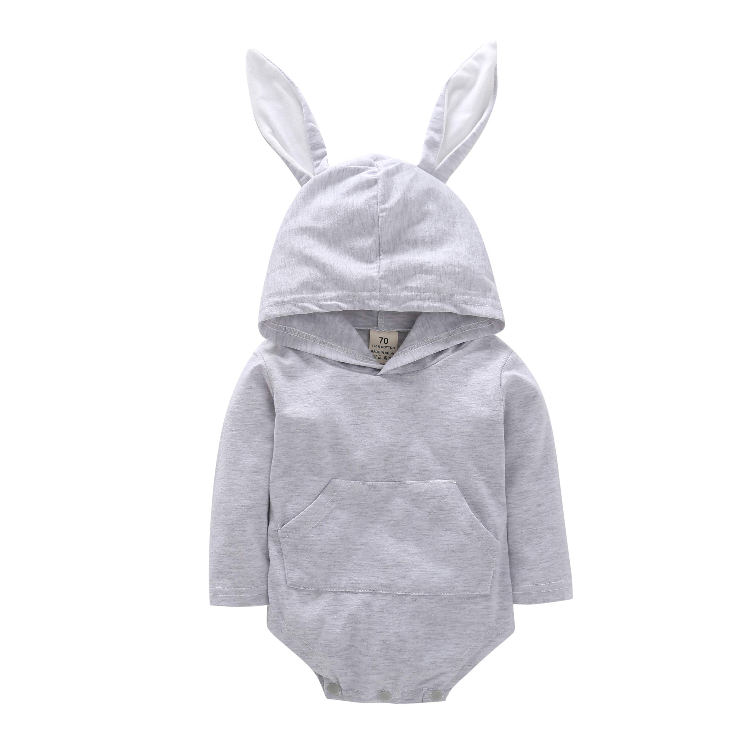 DUBASAM Newborn Infant Baby Girl Boy Bunny Hooded Romper Cartoon 3D Rabbit Hoodie Halloween Easter Outfit (Light Gray, 0-3 Months)