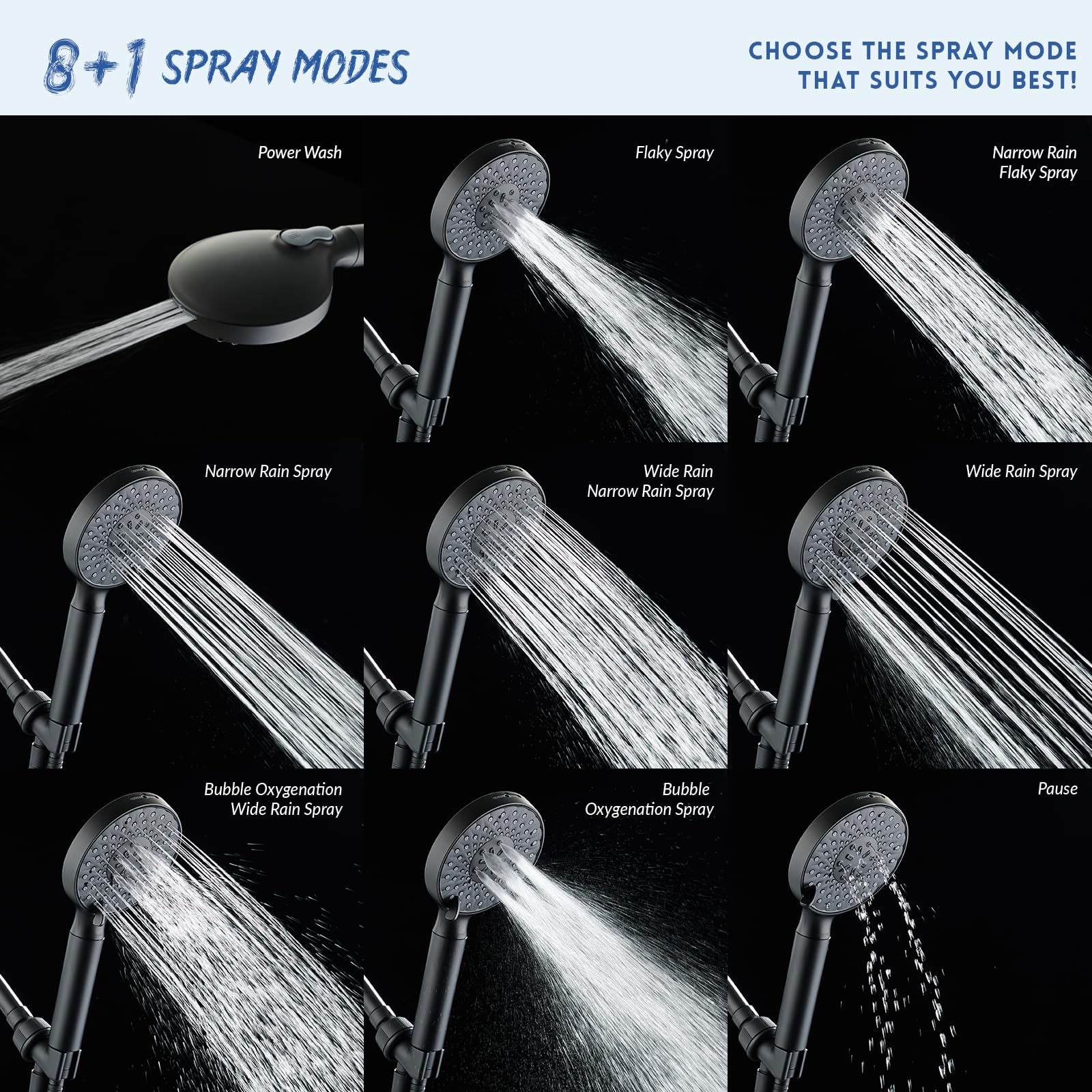 Ryamen Filtered Shower Head with Handheld,Black High Pressure 9 Spray Mode Showerhead with Hose,Bracket and Minerals Stones Replacement Filters for Hard Water,Anti-clog & Powerful to Clean