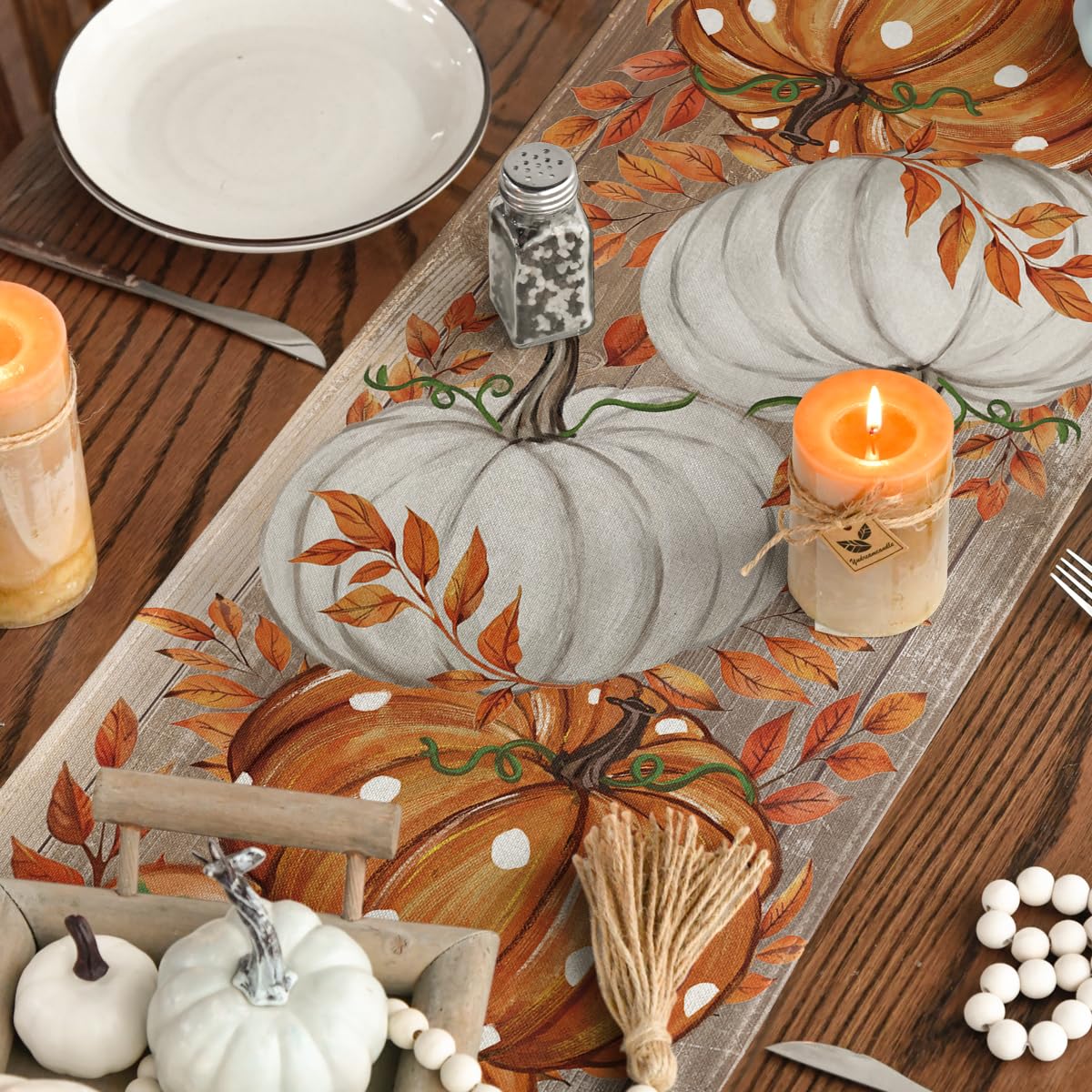 Artoid Mode Buffalo Plaid Orange Pumpkins Eucalyptus Fall Table Runner, Autumn Thanksgiving Kitchen Dining Table Decoration for Home Party Decor 13x72 Inch