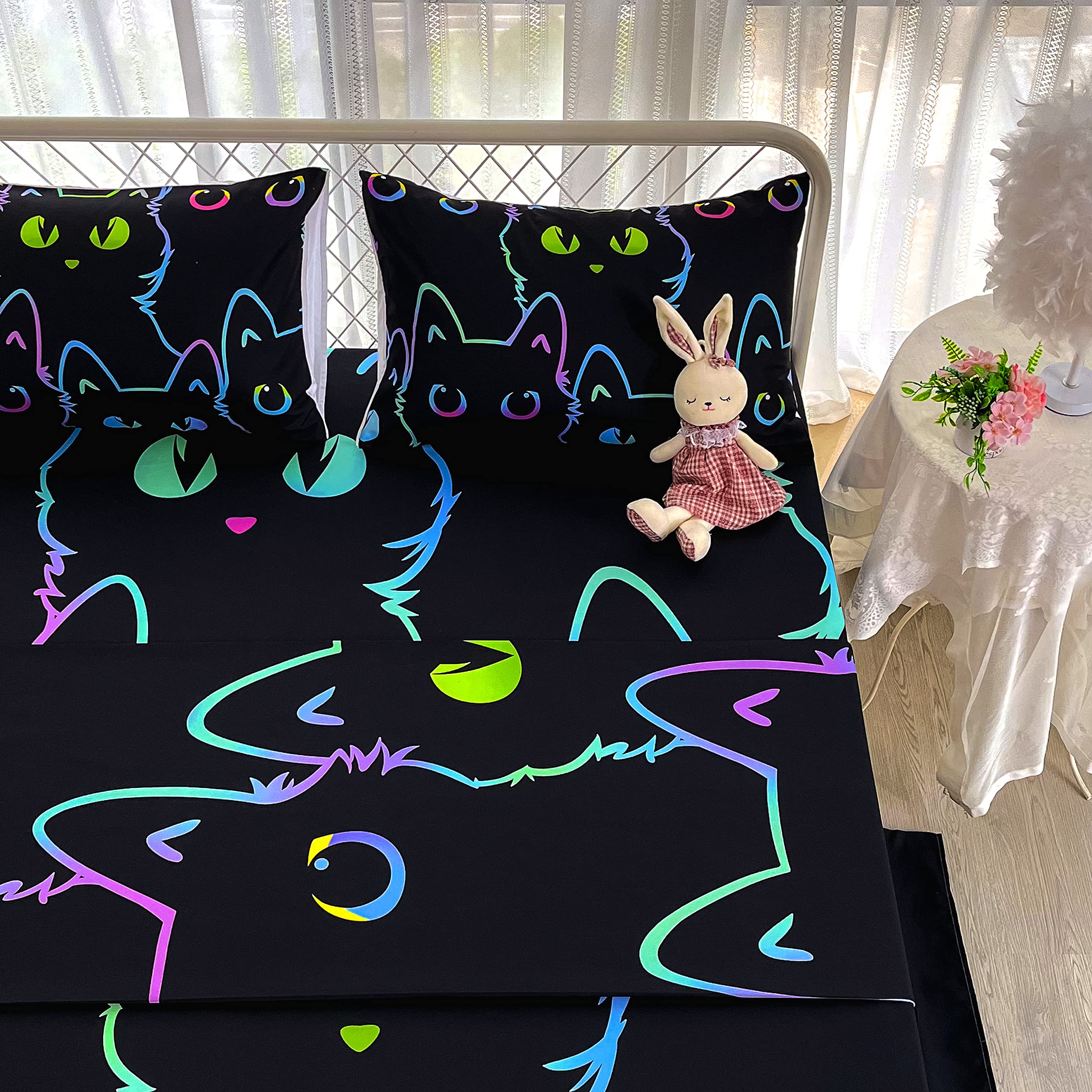 BailiPromise Cute Cartoon Cat Sheets Set Twin Size,Kawaii Simple Strokes Animals Kids Bed Sheets with Pillowcase,Cot Sheets Fitted Sheet with 16" Deep Pocket,for Girls Boys Teen Bedding 4 Piece Set