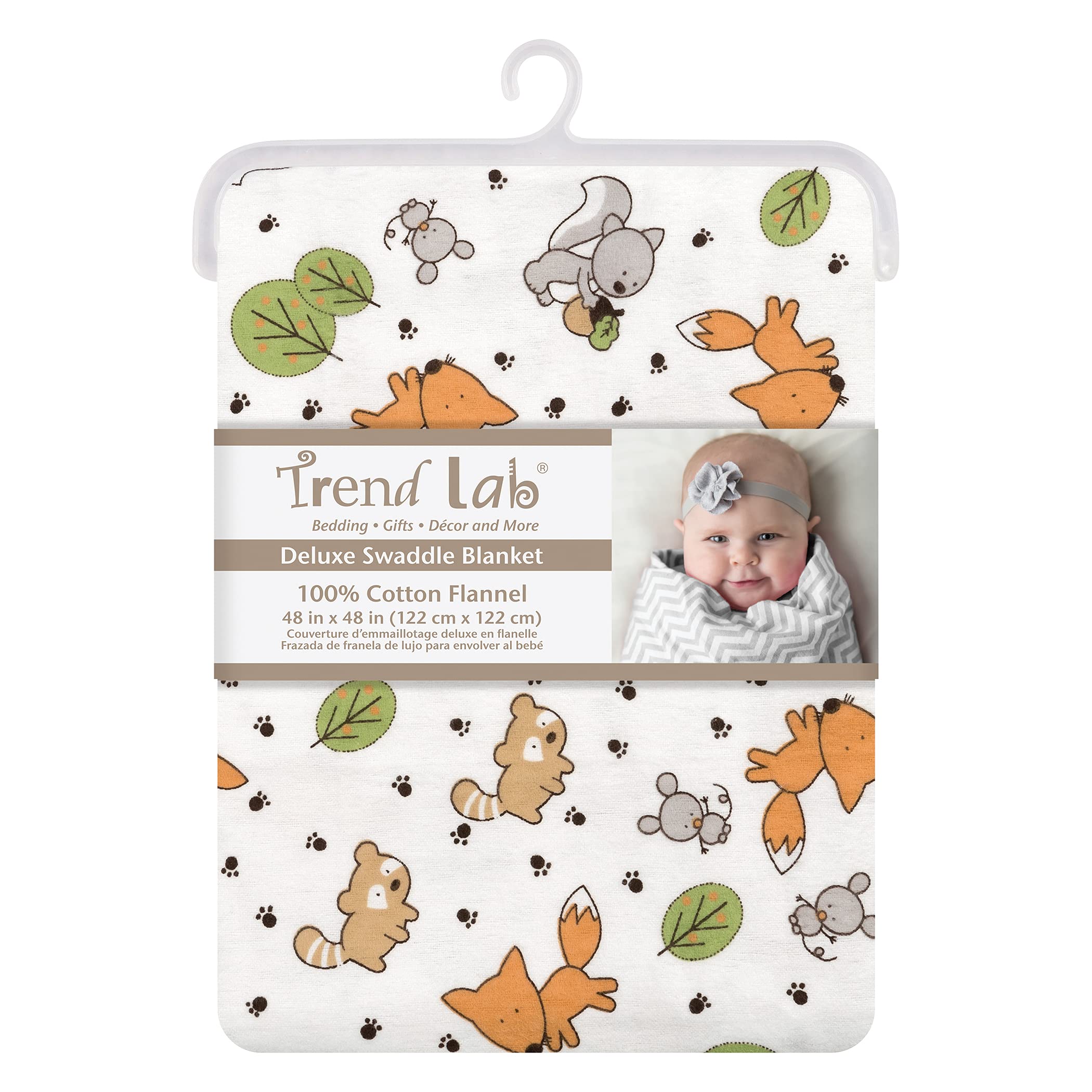 Friendly Forest Deluxe Flannel Swaddle Blanket - Forest Animals Scatter Print Cotton Flannel, Orange, Green, Tan, Gray and White, 48 in x 48 in