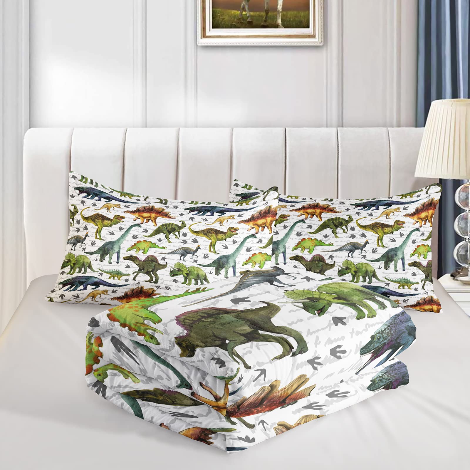 BailiPromise Dinosaur Duvet Set Twin Size,Jurassic Dino 3 Piece Bedding Set,Boys Comforter with Pillow Shames, for All Seasons, Ultra-Soft, Lightweight, Breathable