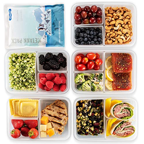 Komax Biokips Set of 5 Lunch Containers β 3 Compartment Food Container for Meal Prep, Portion Control β Microwave & Dishwasher Safe Bento Box Adult Lunch Container w/Locking Lid (37 oz)