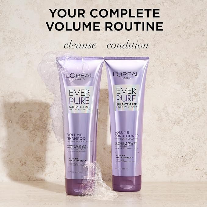 L'Oreal Paris EverPure Volume Sulfate Free Shampoo for Color-Treated Hair, Volume + Shine for Fine, Flat Hair, with Lotus Flower, 2 Count (8.5 Fl; Oz each) (Packaging May Vary)