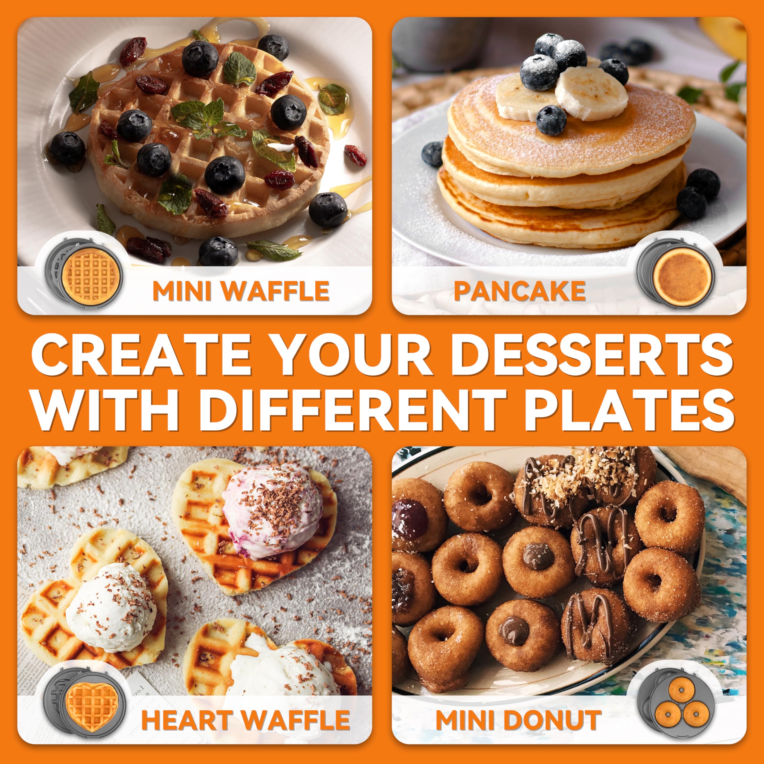 Baker's Friend 4 in 1 Mini Waffle Maker with Removable Plates, A Set of Mini Pancake Maker, Mini Donut Maker, Mini Heart Shape Waffle Maker and Small Waffle Maker, Recipe Included, Graphite