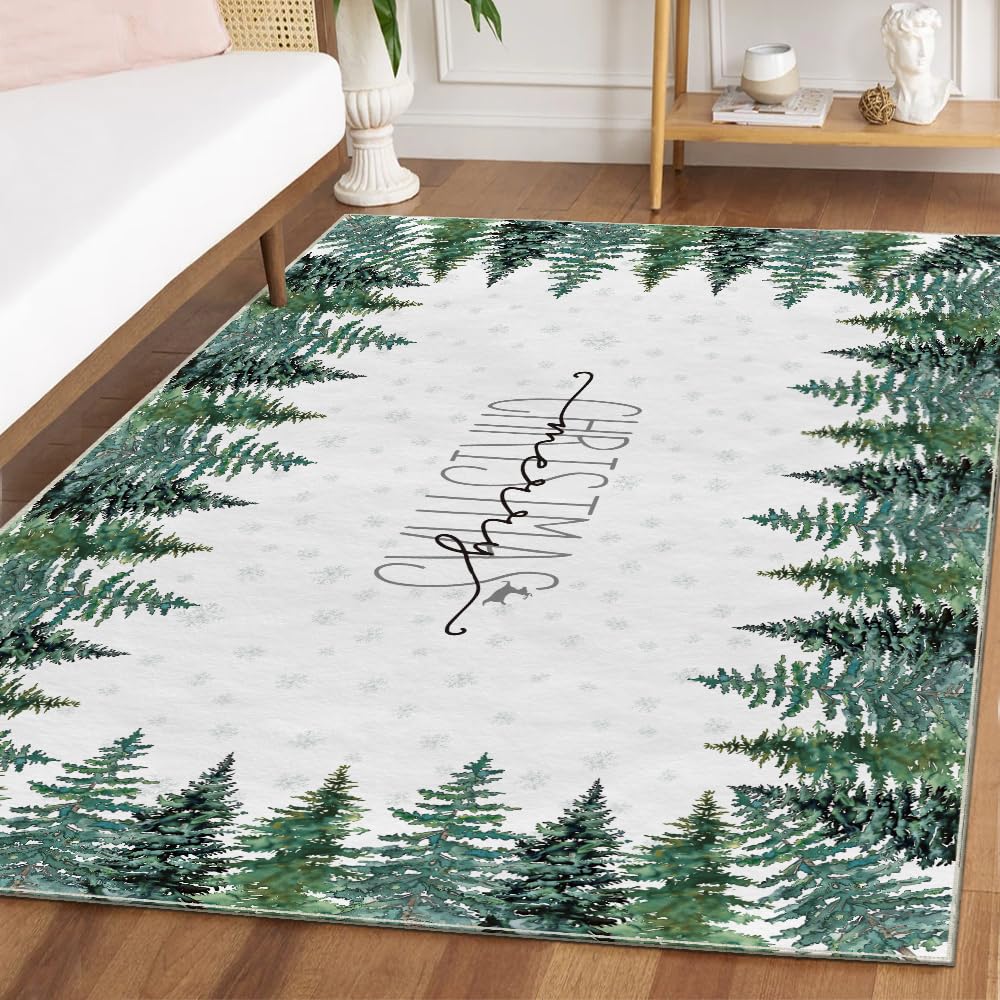 Artoid Mode Green Pine Tree Merry Christmas Area Rug, Xmas Winter Home Decor Low-Profile Washable Area Rugs for Entryway Bedroom Living Room Laundry Room Indoor 5x7 Feet