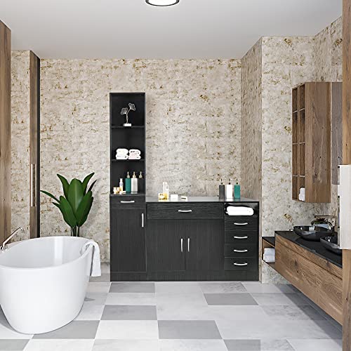 Bonnlo Storage Cabinet, 41" Wide Floor Cabinet Organizer with 5 Drawers and 2 Doors, Adjustable Shelf for Bathroom, Kitchen, Living Room, Bedroom, Laundry Room, Entryway, Office, Ample Space Black