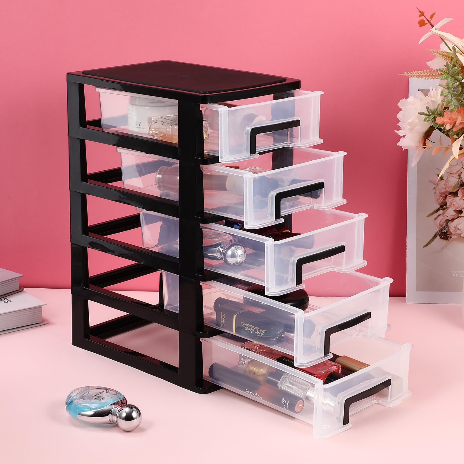 SAFIGLE 5 Drawer Storage Organizer Mini Plastic Drawers Organizer Plastic Storage Bins with Drawers Space Saving Small Plastic Drawers for Crafts Small Tools Sationary and Hardware