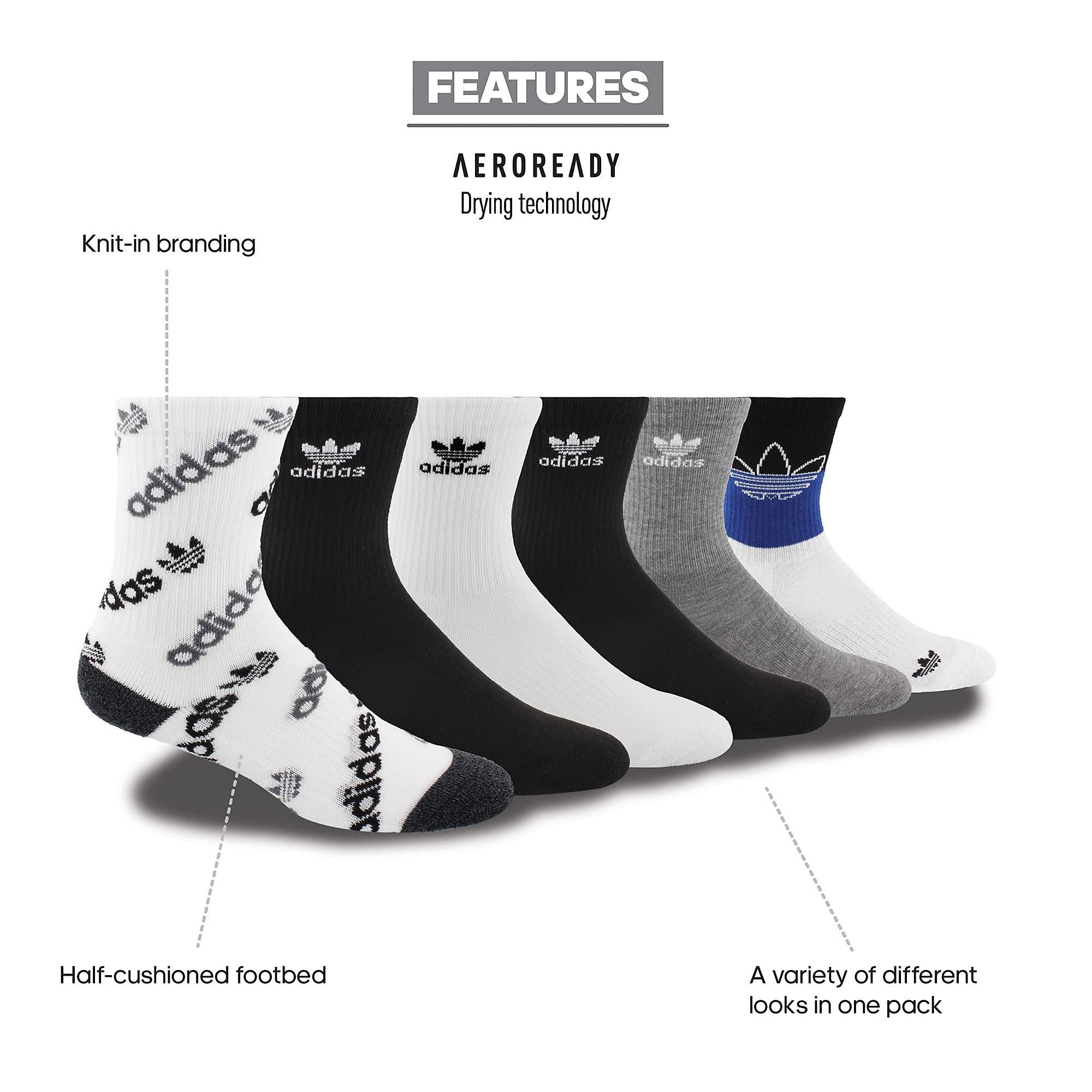 adidas Originals Boys' Youth Originals Mixed 6-Pack Crew, White/Black/Team Royal Blue, Large