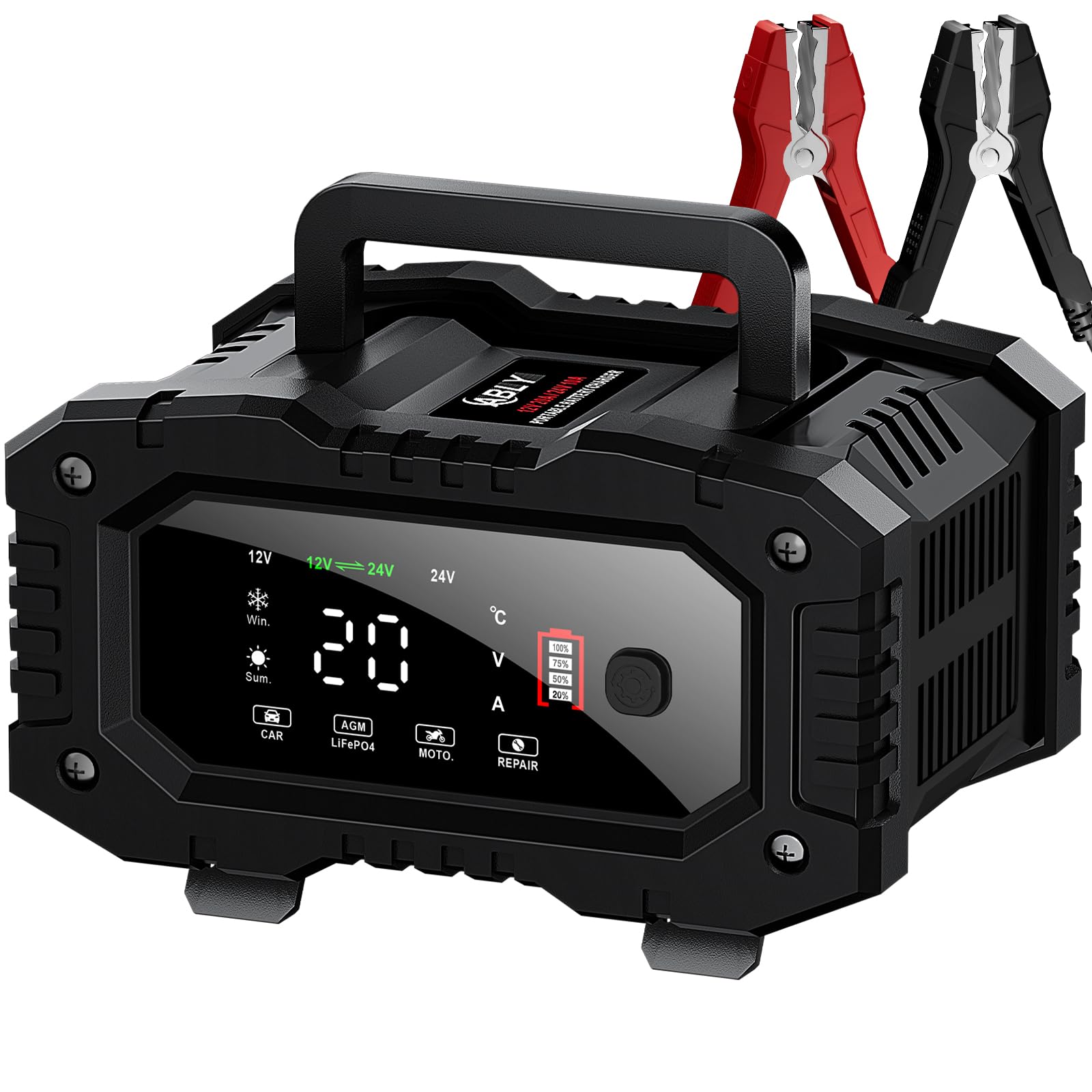 ABLY Battery Charger 20A 12V/24V LiFePO4 Lead Acid Fully Automatic Battery Maintainer, Car Battery Trickle Charger Automotive w/Battery Repair, Winter Mode, for AGM, STD, Gel, Deep Cycle Batteries