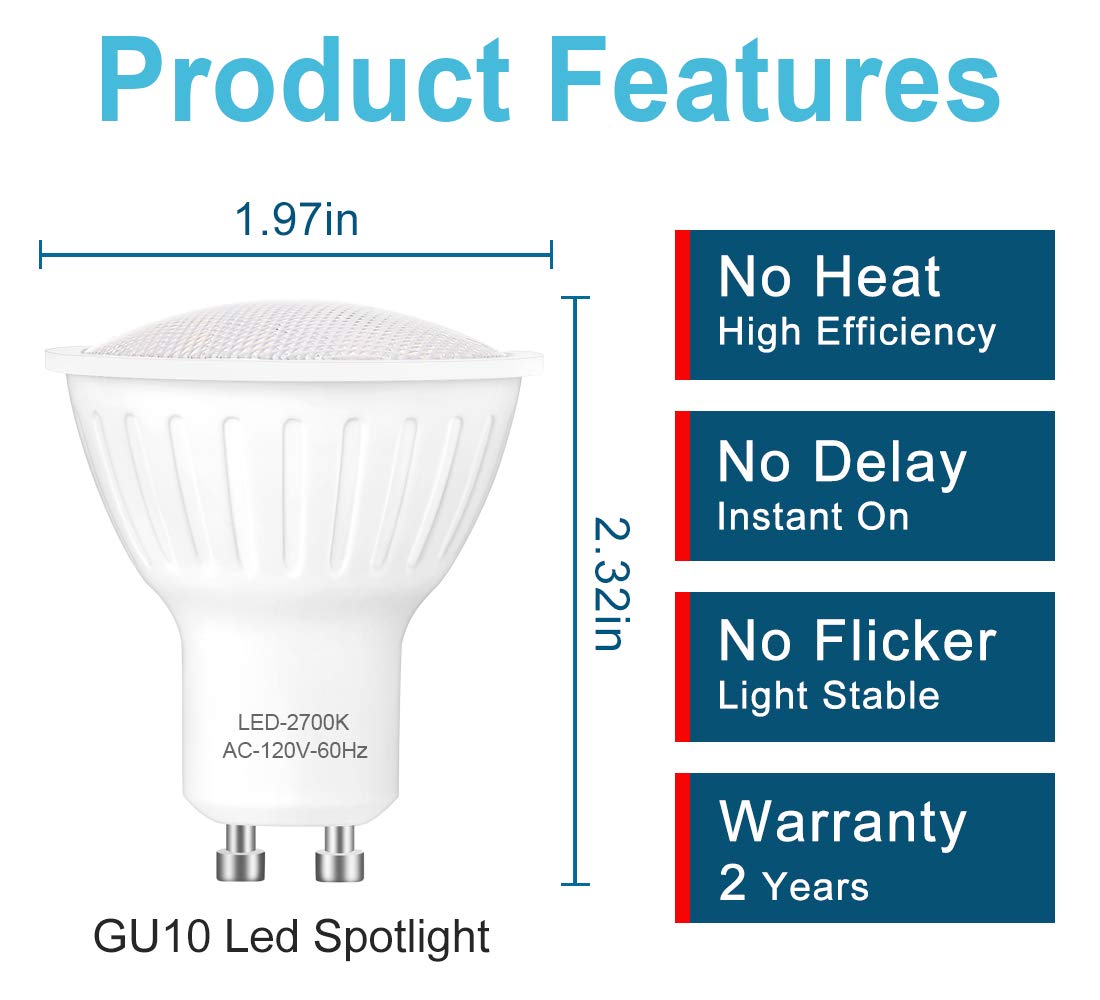 6 Pack GU10 LED Bulbs Dimmable， 2700-Kelvin Warm White, 500LM,5-Watt(50-Watt Equivalent) 120° Beam Degree Angle ，Frosted MR16 Shape GU10 Bulb，Recessed Light,Spotlight