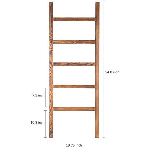 MyGift Rustic Brown Wood 4 ft Leaning Towel Ladder Rack for Bathroom Storage with 5 Hanging Rungs, Farmhouse Style Blanket and Quilt Display Ladder