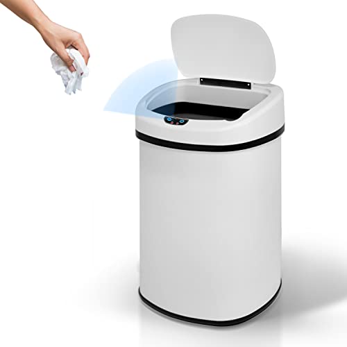 GINMAON Trash Can 13 Gallon Stainless Steel Kitchen Garbage Can with Lid Waterproof Touch Free Large Capacity Rubbish Can for Home Kitchen Office, White