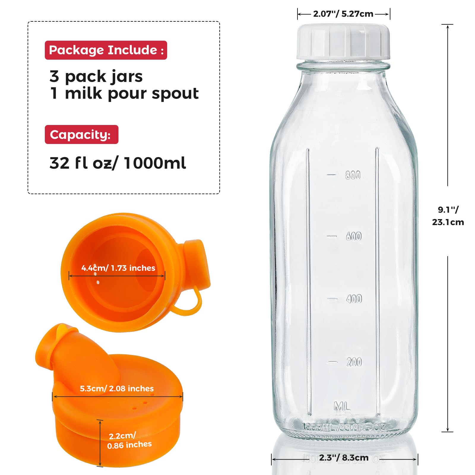 Dwbligt 32 oz Empty Glass Milk Bottles with Silicone Dispenser Cap, Glass Water Bottles with Leak Proof Lid and Scale Mark, Reusable Glass Jars for Juice, Milk, Iced Tea, Set of 3