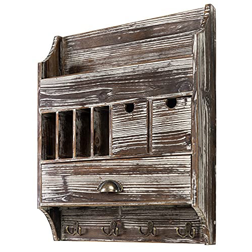 MyGift Torched Wood Entryway Wall Organizer with Mail Holder Organizer, Accessories Storage Compartments, Pull Out Drawers and Dual Key Hooks