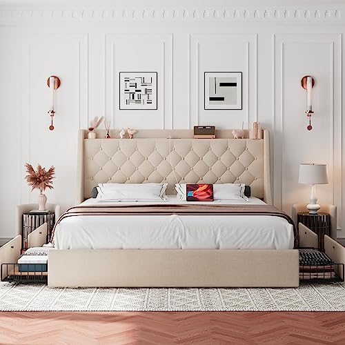 iPormis Full Size Bed Frame with 4 Storage Drawers, Upholstered Platform Bed Frame with Type-C & USB Ports, Wingback Storage Headboard, Solid Wood Slats, No Box Spring Needed, Beige