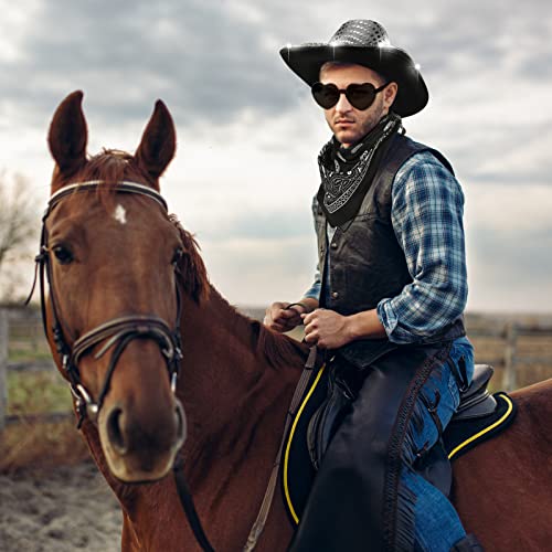 6 Pack Light Hat Space Cowgirl Hat LED Flashing Hat with 6 Heart Glasses 6 Paisley Bandanna Western Cowboy Costume(Black)