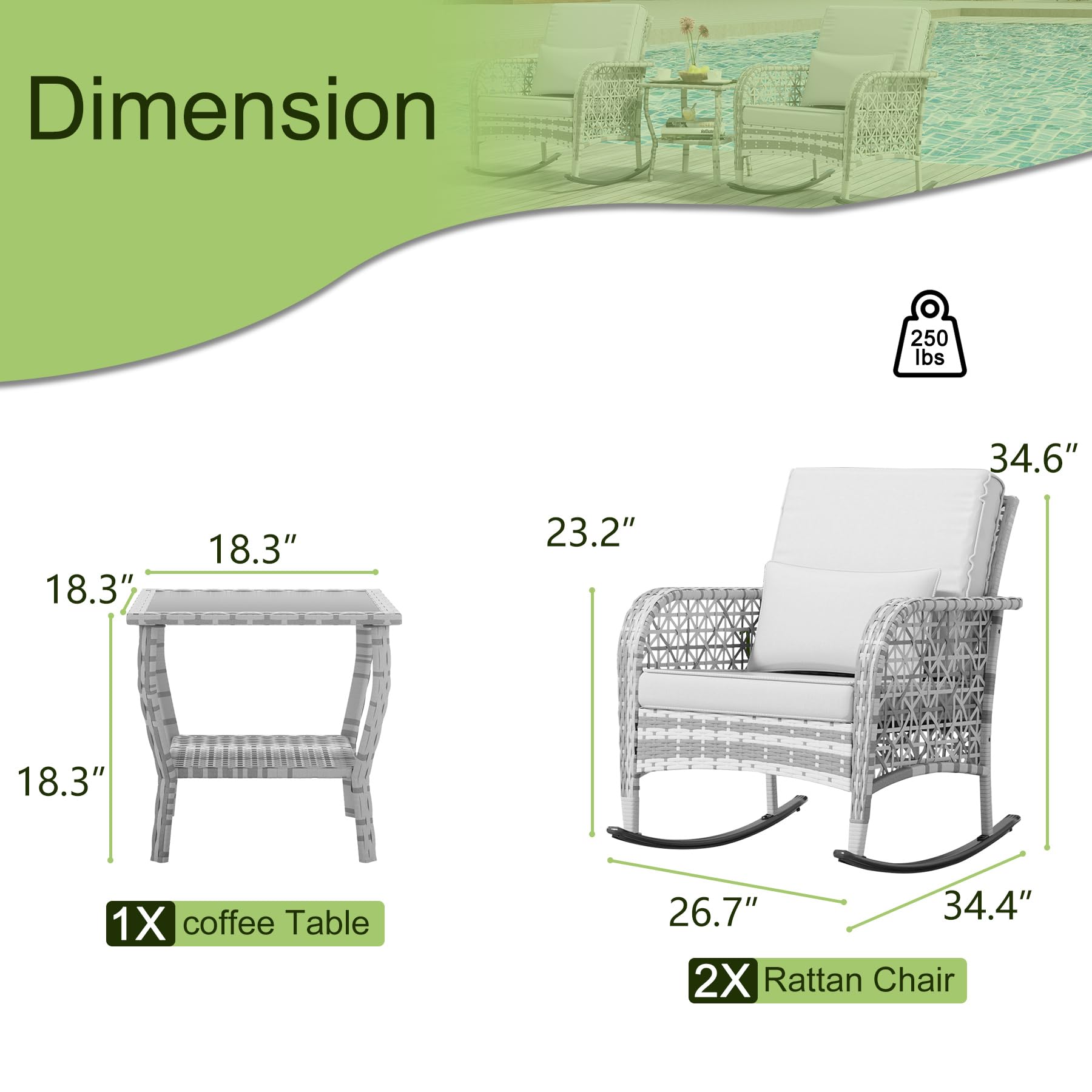 BALDPER 6-Piece Gray Wicker Patio Rocking Chairs Set, Rocking Wicker Bistro Set, Outdoor Furniture Conversation Set with Porch Chairs and Glass Coffee Table, Cloudy Grey