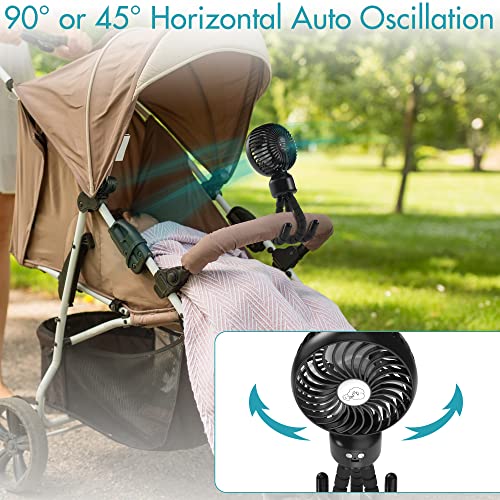 Auto Oscillating Stroller Fan, Portable Fan - 4200 mAh Rechargeable Battery Operated Fan, Small USB Fan Handheld Personal Fan, 3 Speeds Powerful Airflow for Stroller, Crib, Bike, Treadmill, Desktop