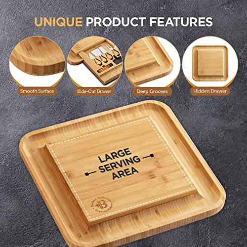Large Charcuterie Board Gift Set - Bamboo Cheese Board and Knife Set - Wooden Cheese Board Platter - Meat/Cheese Cutting Board with 4 Cheese Knives - Mothers Day Gifts, Housewarming, Wedding Gift