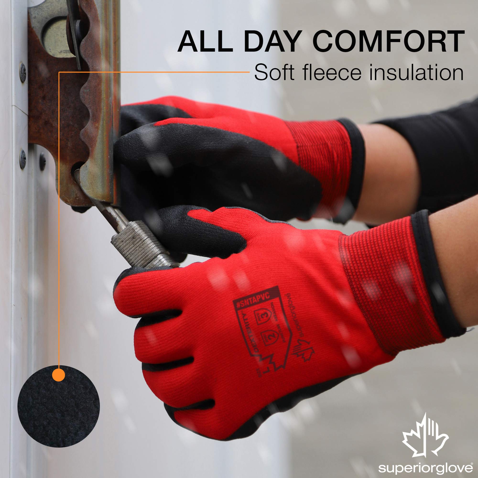 Superior Glove Winter Work Gloves - Fleece-Lined with Black Tight Grip Palms (Cold Temperatures) Freezer Gloves - SNTAPVC - Size Medium