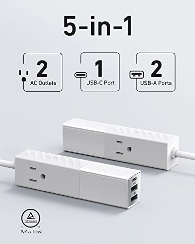 Anker Power Strip with USB C, PowerCube with 3 Outlets & 30W USB C,5ft Extension Cord and Travel Power Strip USB C, Anker 511 USB Power Strip, 2Outlets & 3USB Ports