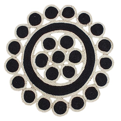 CASAVANI Cape Code Circle Area Rug - 6 x 6 Feet Beige Black Pattern Natural Jute Mat Ideal for High Traffic Area in Bedroom Bedside Round Dining Side Round Living Room Hallway and Kitchen Mat