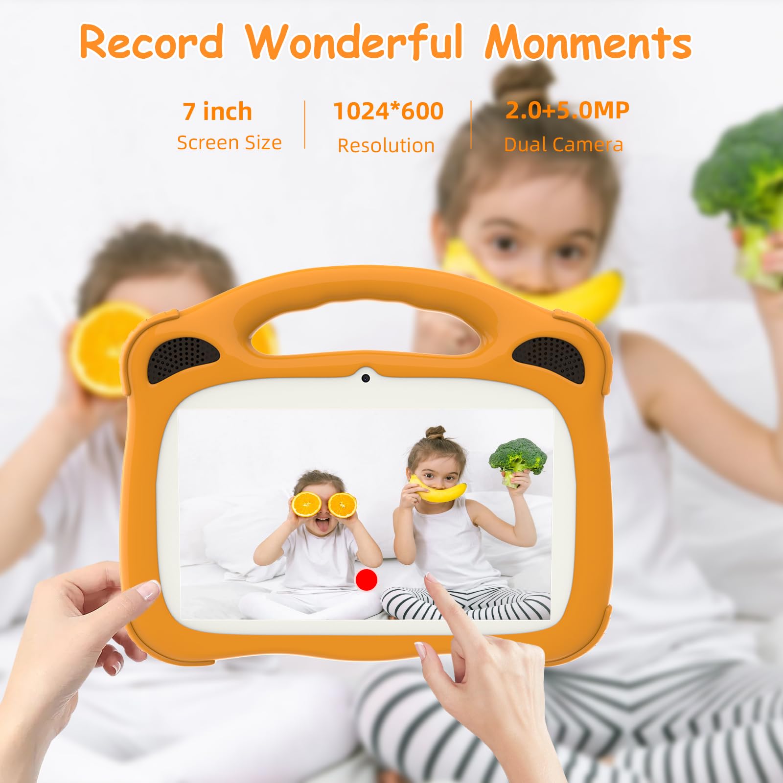 Aheadthink Kids Tablet, 7 inch Tablet, 32 + 128gb ROM Expansion, Android 12 Kids BT, GMS, WiFi, Parental Control Mode, Animal Appearance Shell Resistant, Education, Games.(Yellow)