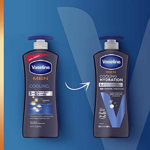 Vaseline Men Cooling Hydration 3-in-1 Face, Hands & Body Lotion for Men for Dry Skin with Menthol & Ultra-Hydrating Lipids 20.3 oz, Pack of 4