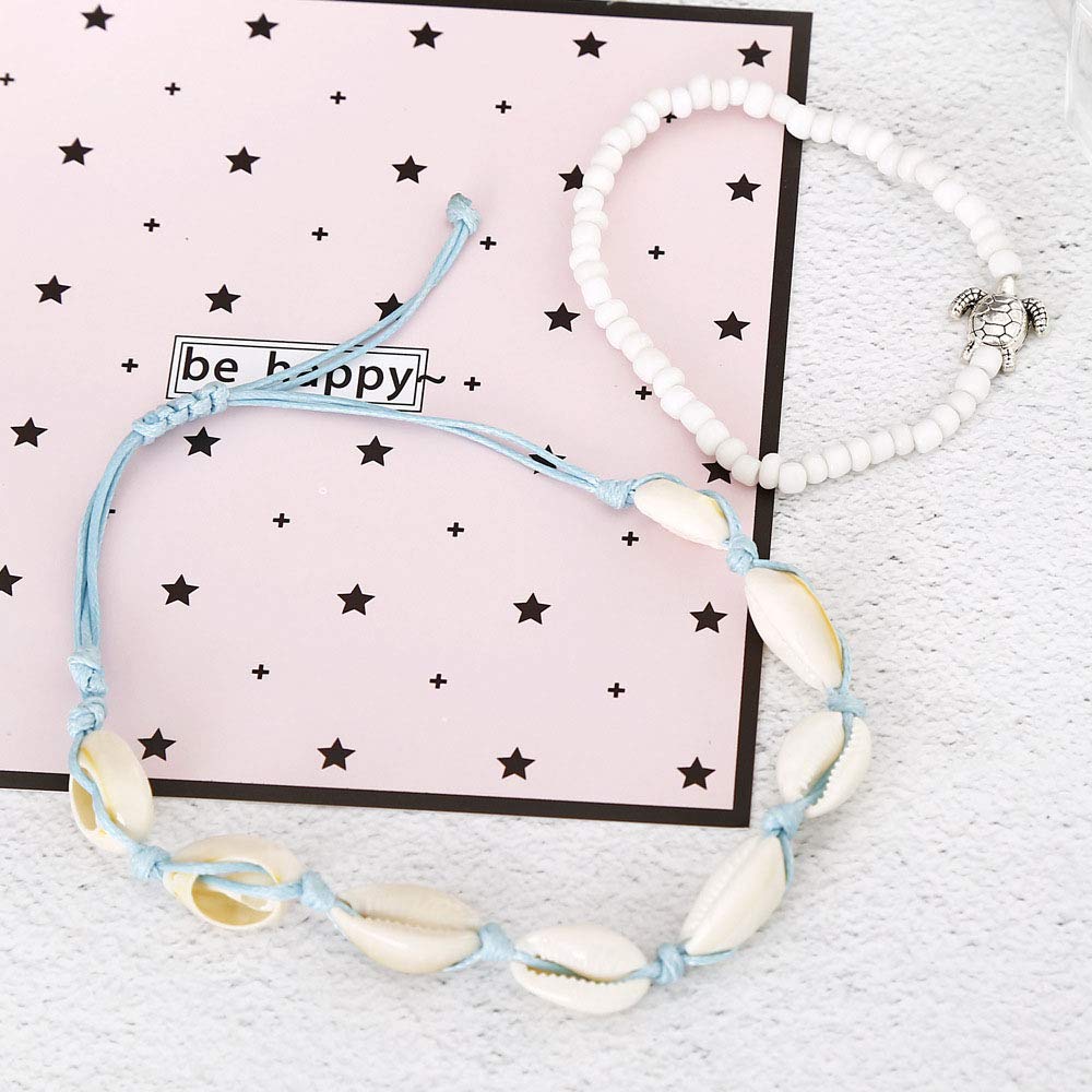 Aluinn Boho Turtle Layered Shell Anklet Set Silver Ankle Bracelets Beaded Foot Chain Beach Foot Jewelry Accessories for Women summer gifts