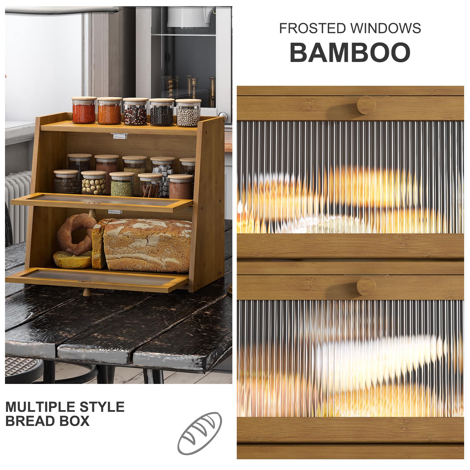 BMOSU Large Bread Box for Kitchen Countertop Double Layer Bread Box Farmhouse Bamboo Bread Box Self-Assembling (Black)