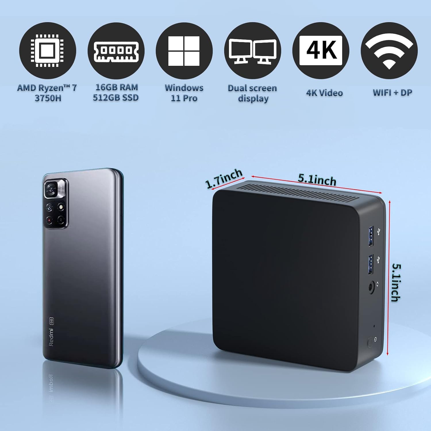 AMD Ryzen 7 3750H Mini PC,16GB RAM 512 GB SSD Micro Desktop Computers, Radeon RX Vega 10 Graphics, Mini Computer DP 4K Dual Screen, Small Form Factor for HTPC, Office, Video Editing, Light Gaming