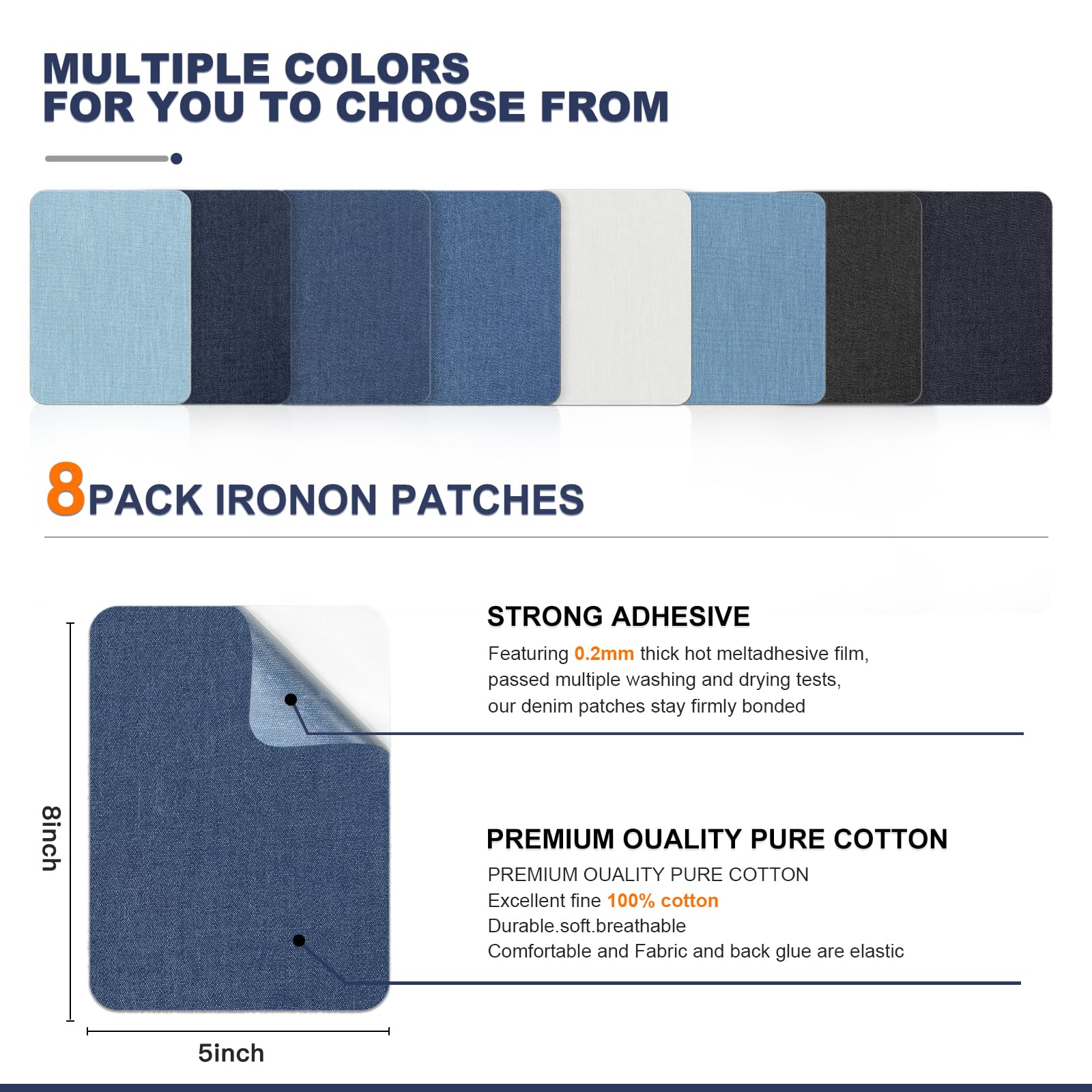 Azobur Iron on Patches for Clothing Repair, 8 Pcs Jean Patches for Inside and Outside, Sew on Iron on Denim Patches for Jeans Kits 5"x 8"(Eight Colors)