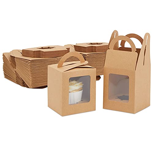 Kraft Paper Cupcake Gift Boxes with Clear Display Window, Individual Serving Bakery Box (100 Pack)