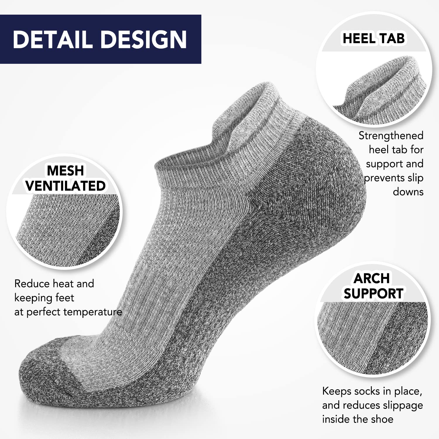 ACTINPUT Men's Ankle Low Cut Athletic Performance Comfort No Show Running Cushion Socks Tab L and XXL (White,L/XL)