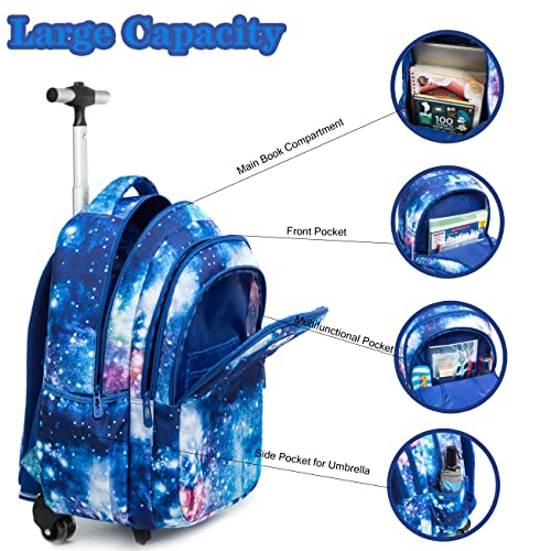 Oruiji Large Rolling Backpack for Boys Backpack with Lunch Box Pencil Case Galaxy Wheeled Backpack Carry on Luggage for Teen Boys