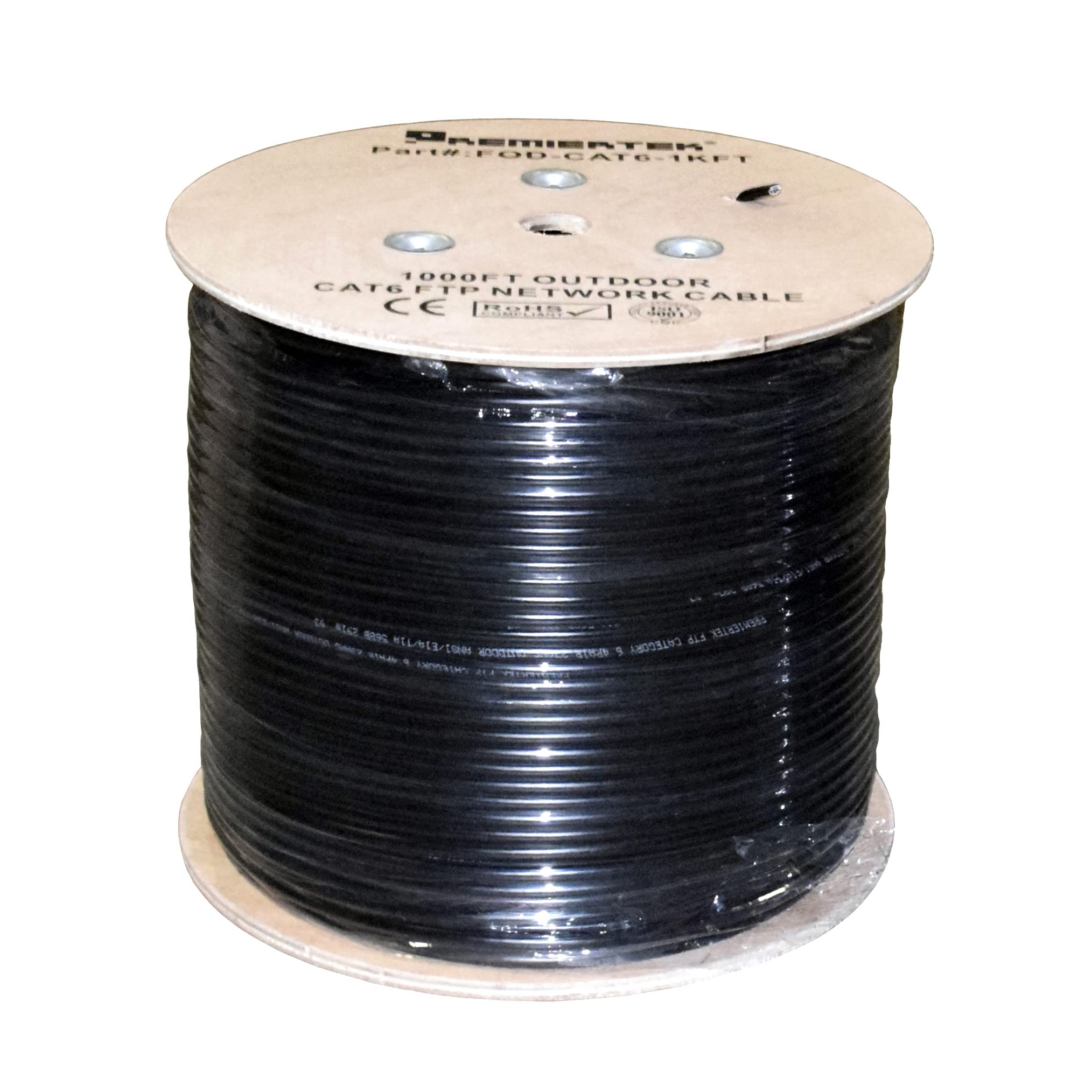 Premiertek Outdoor 1000' Cat6 23AWG CMX Cca 550MHz Shield FTP 4-Pairs Premium Network LAN Cable, Black (FOD-CAT6-1KFT)