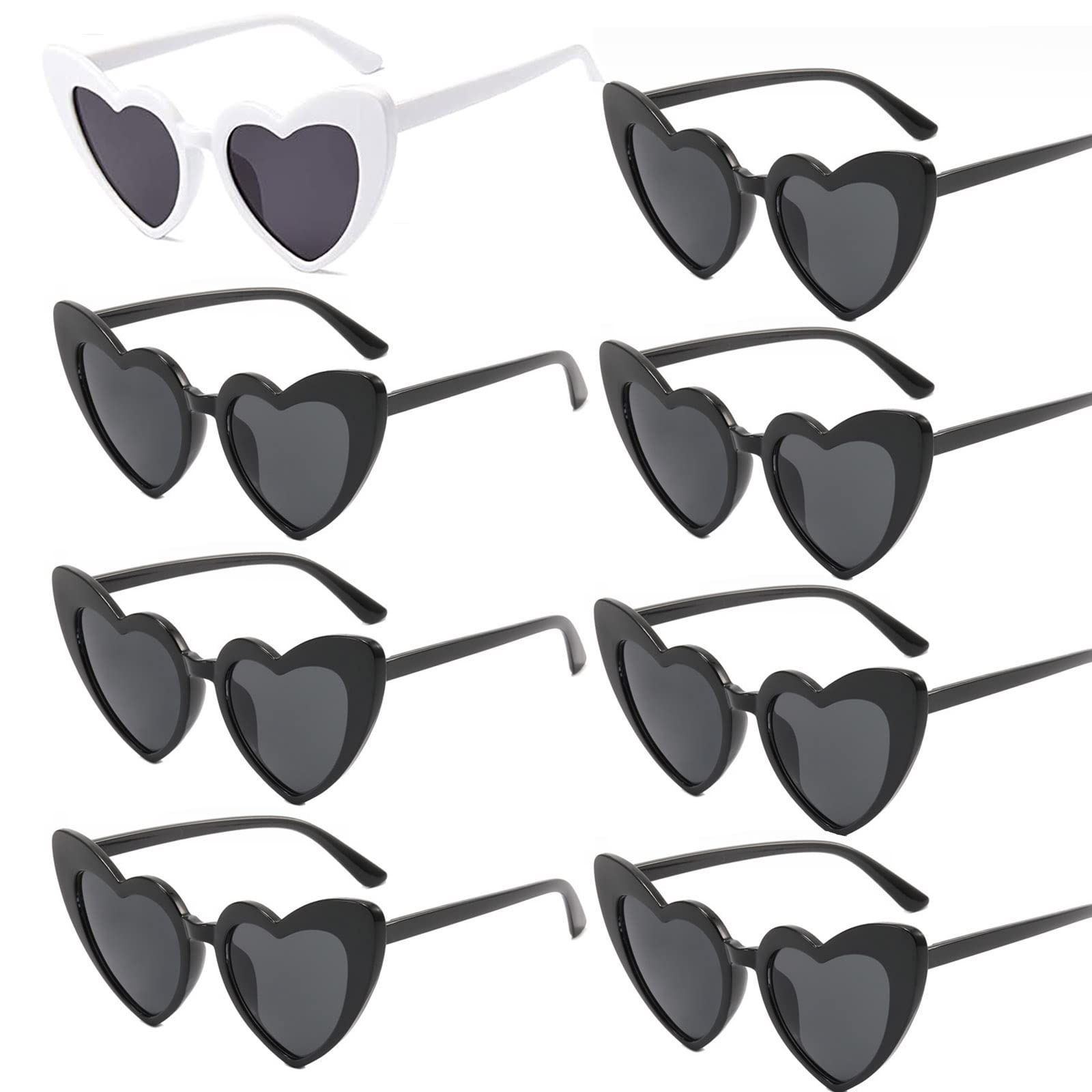 AEAHALY 8 Pairs White and Black Heart Sunglasses Bulk for Women, Vintage Cat Eye Mod Style Bride Sunglasses Retro Heart Shaped Sunglasses Bulk for Shopping Traveling Wedding Party Accessories