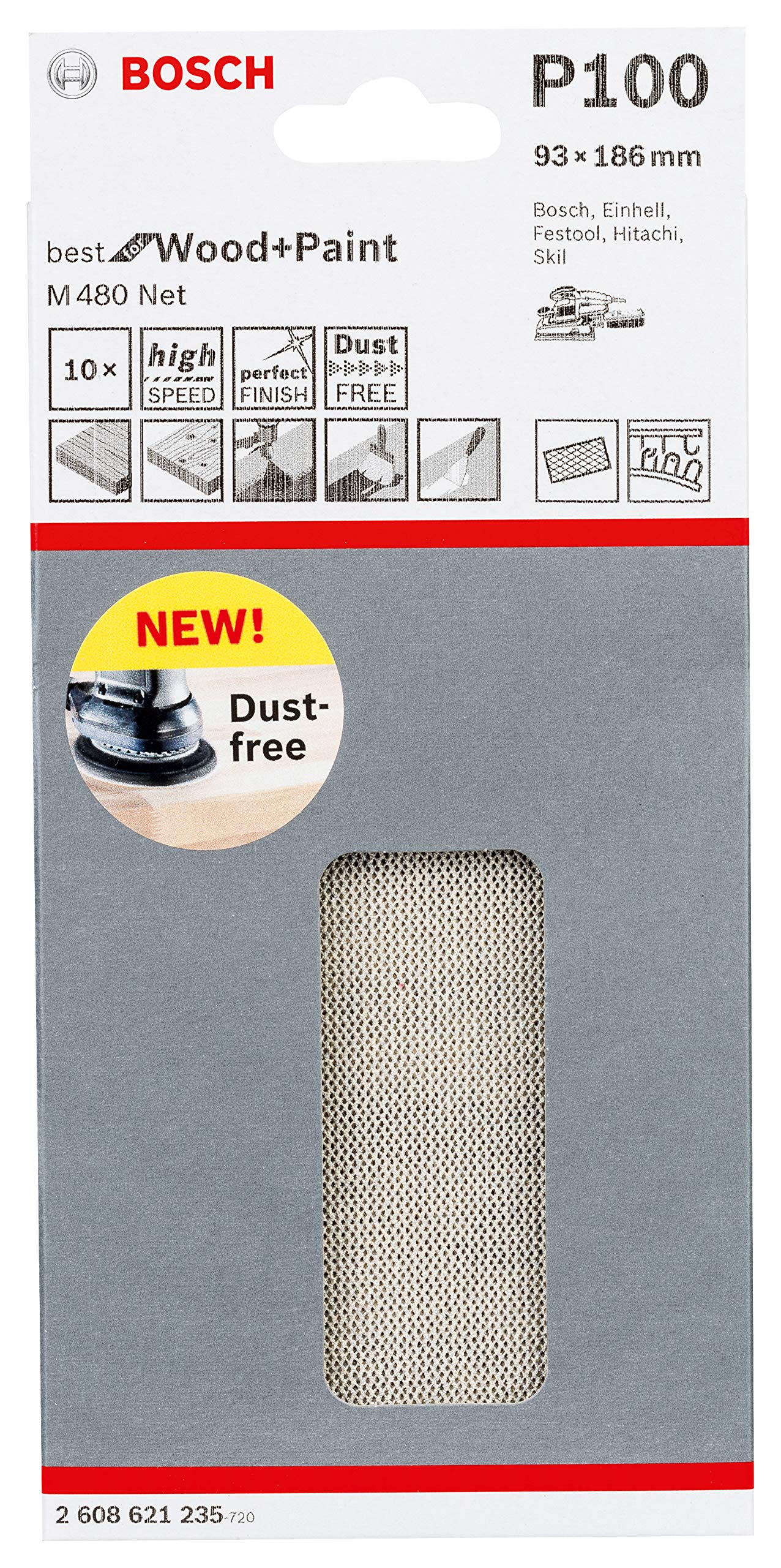 Bosch Professional 2608621235 G100, Set of 10 Sanding Sheets M480 Best (Wood and Paint, 93 x 186 mm, Grit P100, Accessories for Orbital Sanders), Beige, 93 x 10 x 186 mm, Pieces