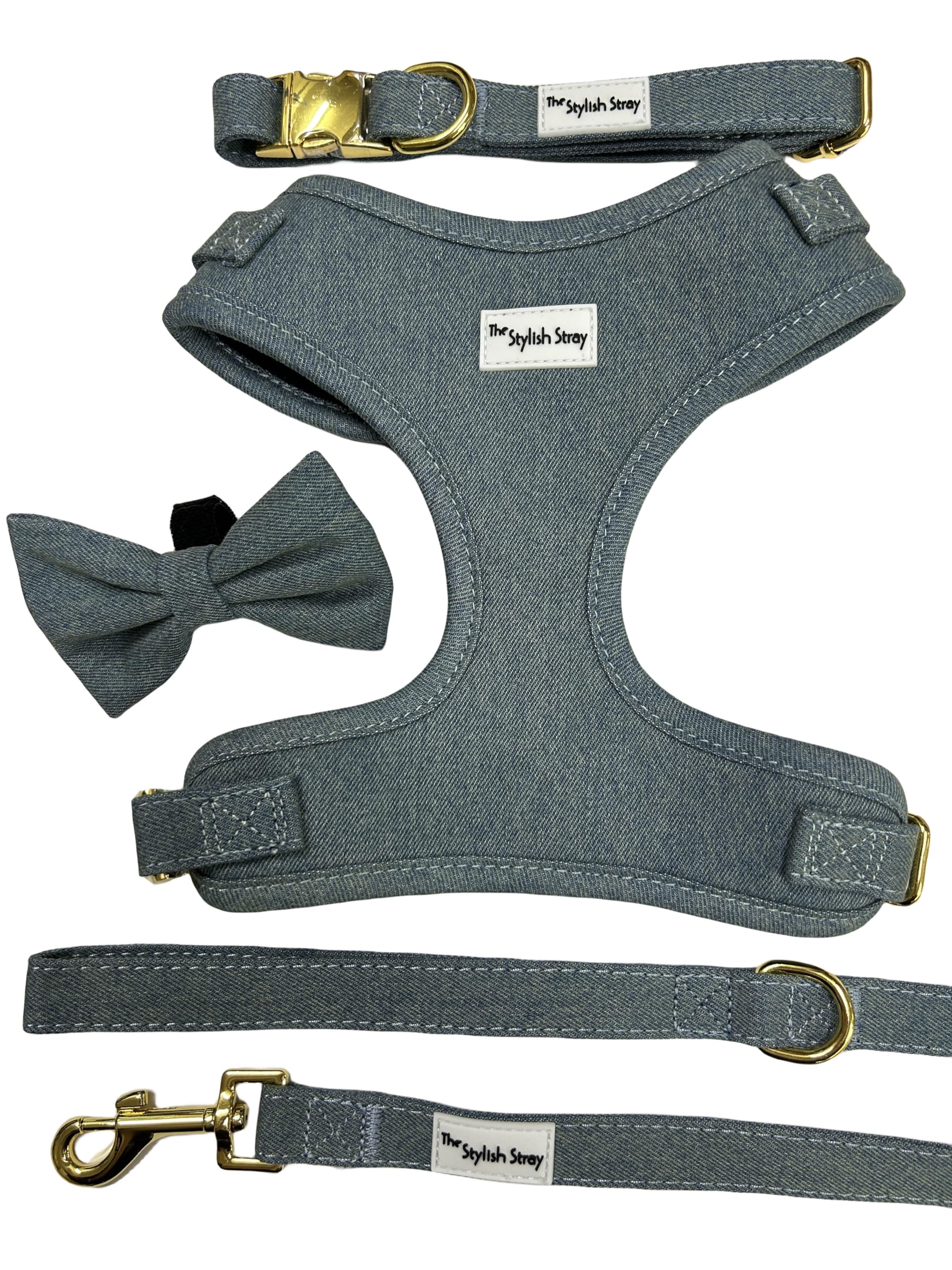 Victorian Vanguard Harness (XX Small, Blue Denim). Stylish Denim Dog Harness, Collar & Leash Set with Bowtie - Adjustable Pet Walking Accessory for Small & Medium Dogs