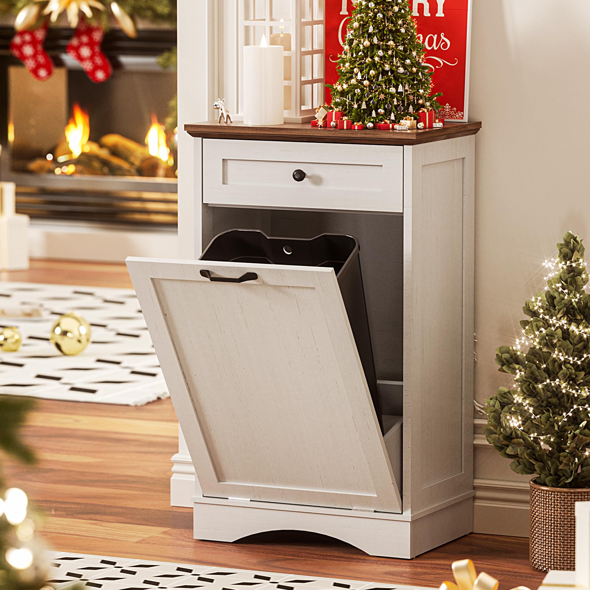 Spurgehom 13 Gallon Tilt Out Trash Cabinet Kitchen Waste Bins, Laundry Hamper Tilt Out Pet Proof Hidden Trash Bin for Kitchen Living Room, Antique White