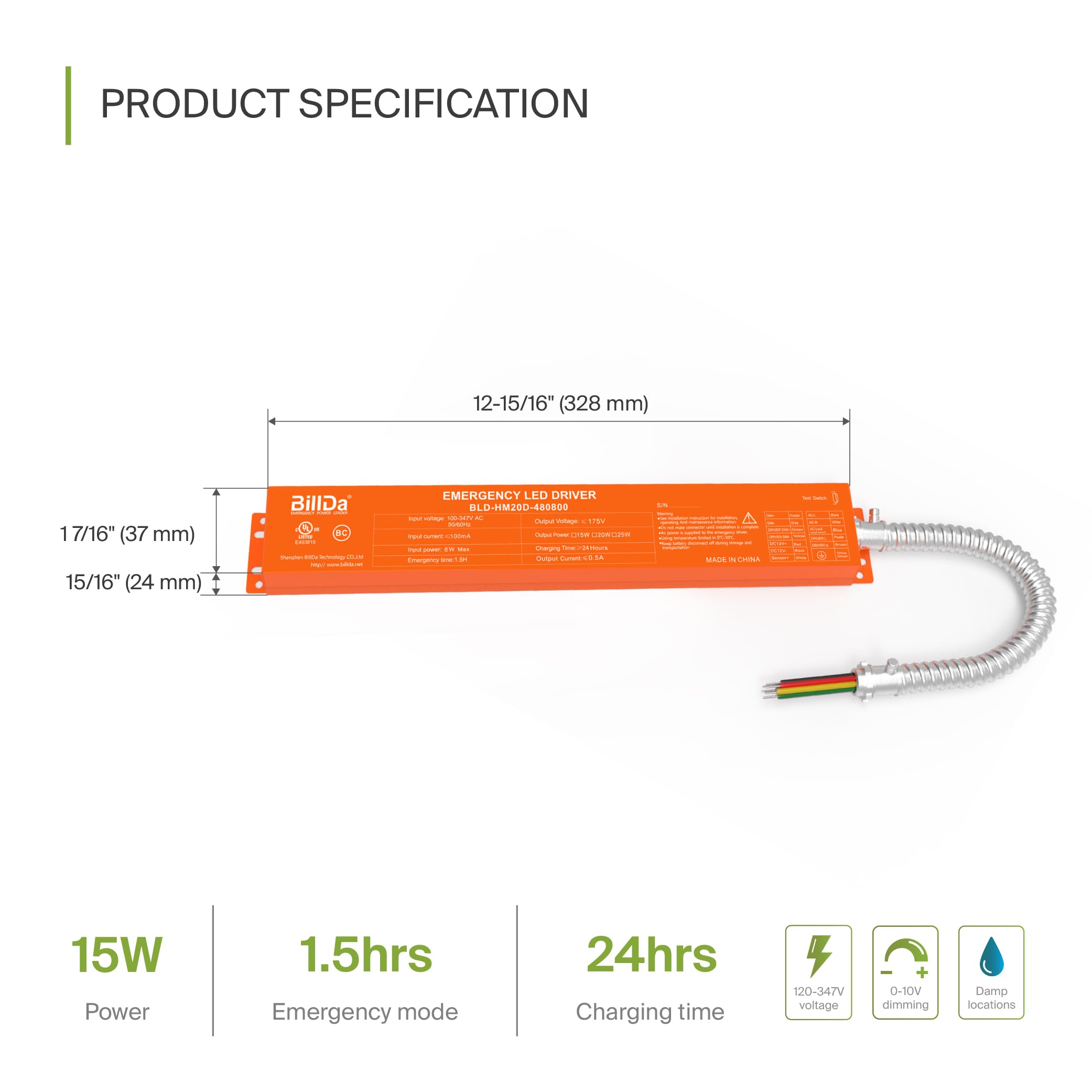 ASD Battery Back-Up Kit 15W - Suitable for LED Commercial Downlights ASD-CDL7, CD-P, CD-T - 90 Minutes Emergency Battery, 5000 Cycles of Standard Charge & Discharge - Damp Rated, UL Certified