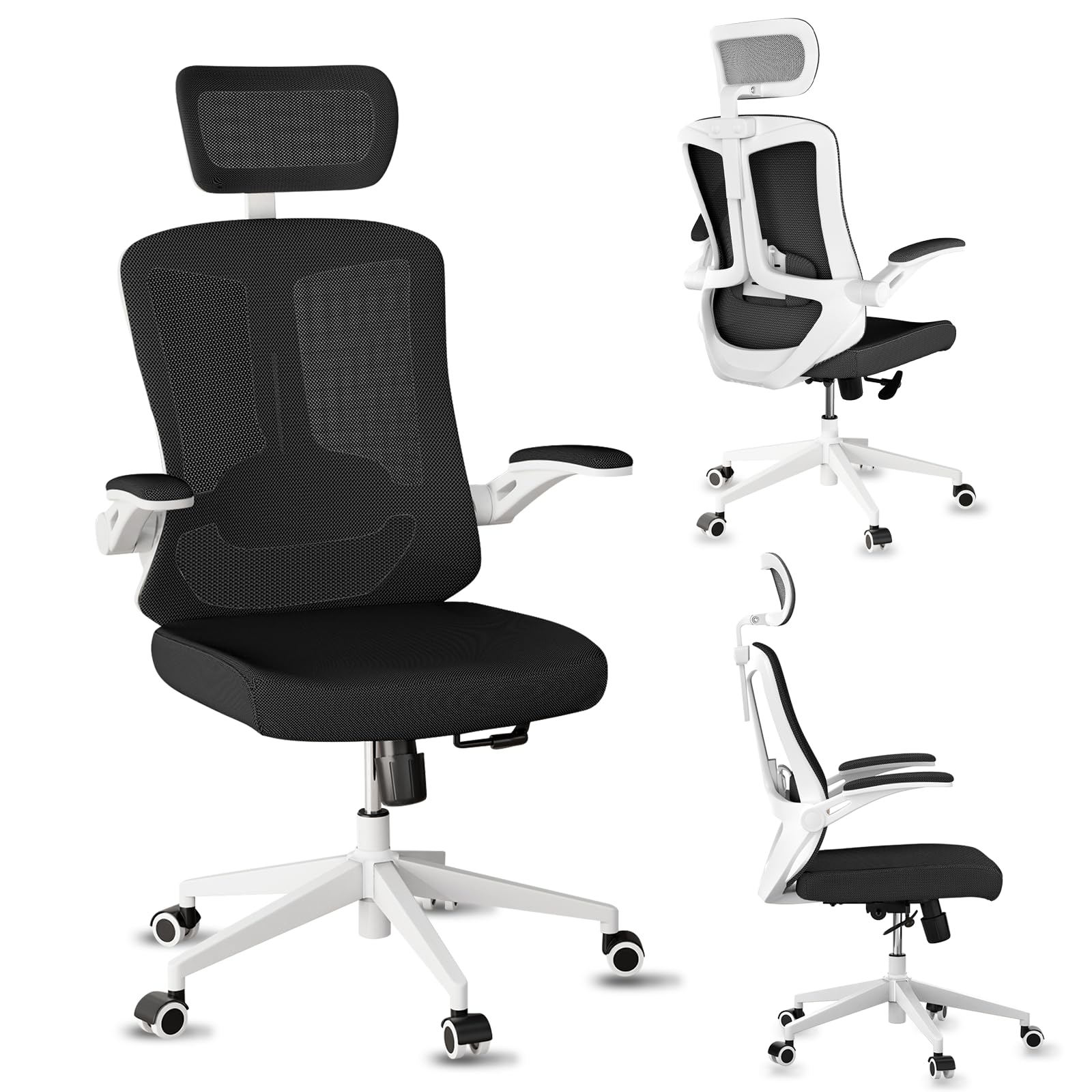 balmstar Desk Office Chair, Ergonomic Comfy Office Chairs, High Back Gaming Chair with Wheels, Home Mesh Computer Chair-350LBS Capacity, Lumbar Support, Adjustable Headrest, Flip-up Armres