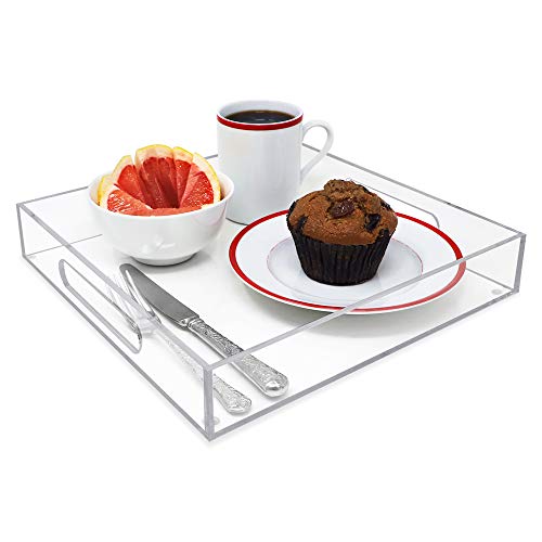 Isaac Jacobs Clear Acrylic Serving Tray (15x15) with Cutout Handles, Spill-Proof, Stackable Organizer, Space-Saver, Food & Drinks Server, Indoors/Outdoors, Lucite Storage Décor & More