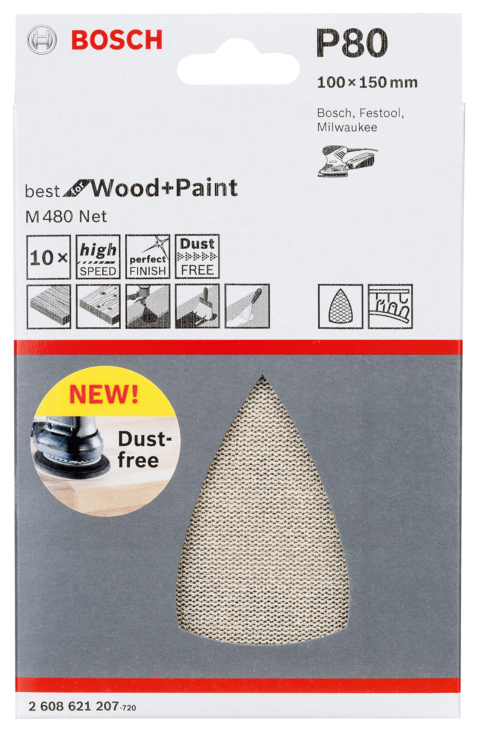 Bosch Professional 2608621207 G80, Set of 10 Triangular Sanding Pads M480 Best (Wood and Paint, Ø 115 mm, Grit P80, Accessories for Delta Sander), Beige, 10
