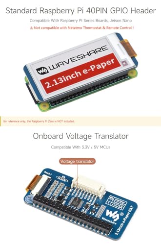 waveshare 2.13inch E-Ink Display HAT Compatible with Compatible with Raspberry Pi 5/4B/3B/Zero/Zero W/Zero 2W/Pico/Pico W/Pico WH, 212x104 Resolution Three-Color SPI Interface