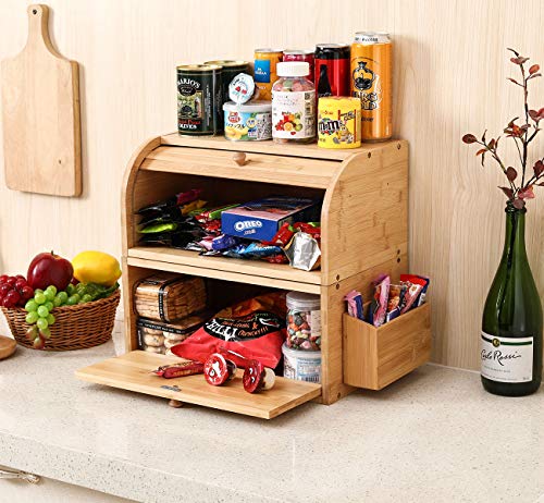 TQVAI Natural Bamboo 2 Layer Large Bread Box for Kitchen Counter Wood Bread Storage Container - Can Use as 2 Individual Bread Bin - Assembly Required, Original