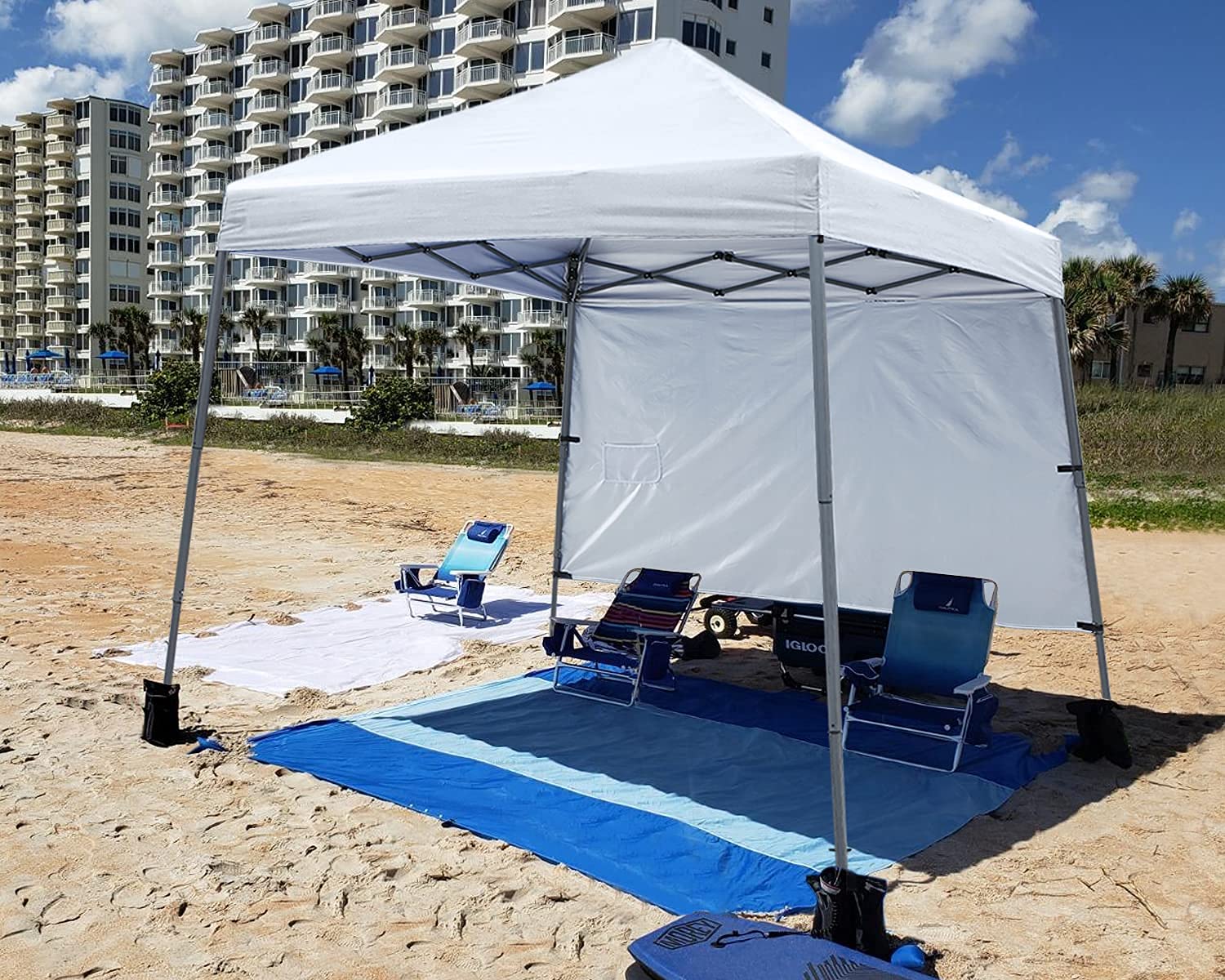 ABCCANOPY Outdoor Pop Up Canopy10x10 Beach Camping Canopy with 1 Sun Wall, Bonus Backpack Bag, Stakes and Ropes, White