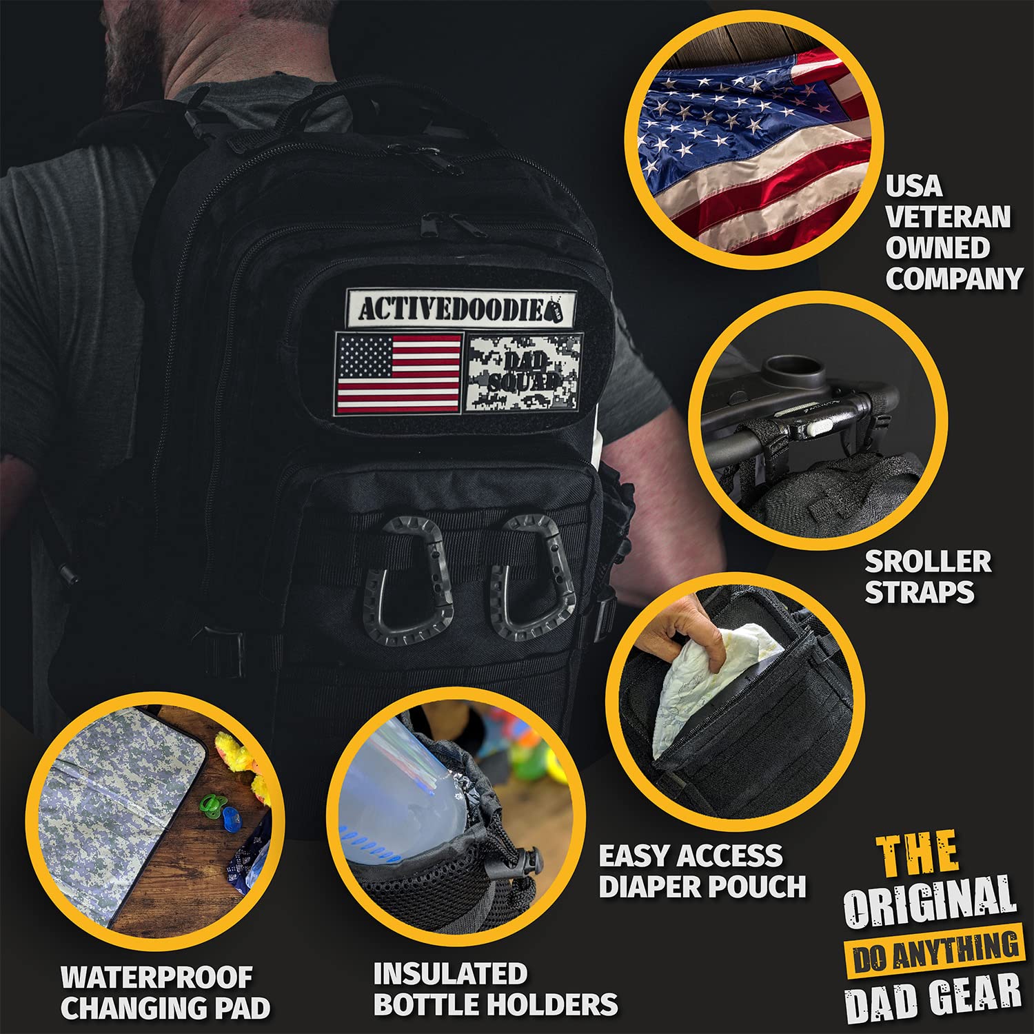 ActiveDoodie Dad Diaper Bag Combo with 8 Morale Patches, Camo Changing Pad, Insulated Bottle Holders, Diaper Bag for Dad