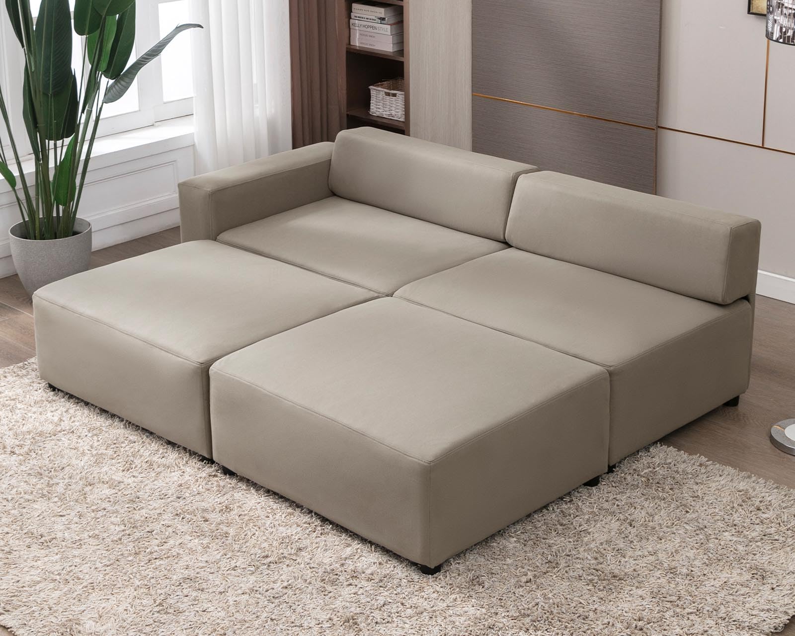 BALUS 113''Sectional Sofa L Shaped Sleeper of Convertible, Modular Sectional Sofa, Convertible Sectional Sofa with Ottoman for Living Room, W113*D64*H26, Beige